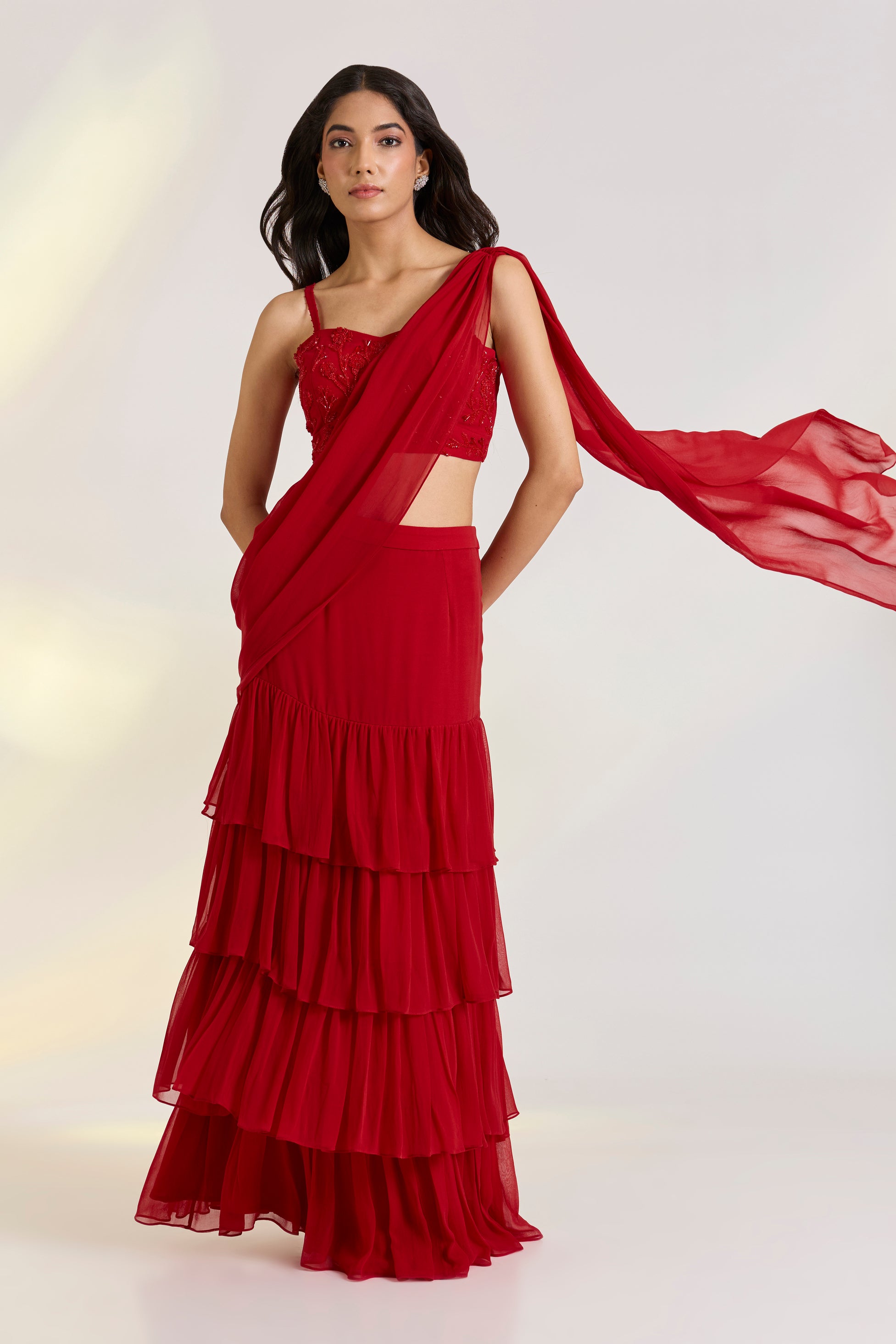 Red Embroidered Pre-Drape Saree – Ewoke Studio